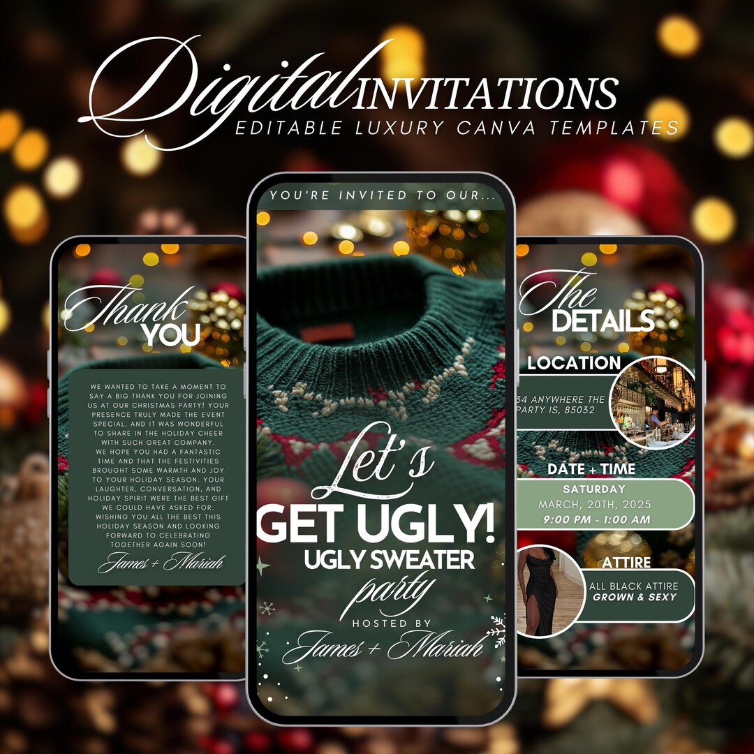 Editable Digital Ugly Sweater Christmas Invitation, Xmas Holiday Party ...