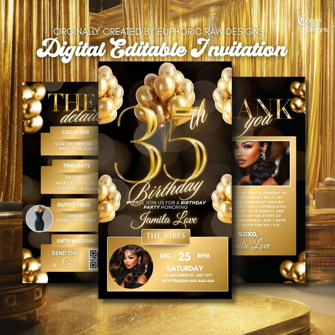 Digital 35th Birthday Invitation, Animated Black Gold Diamond Balloon ...
