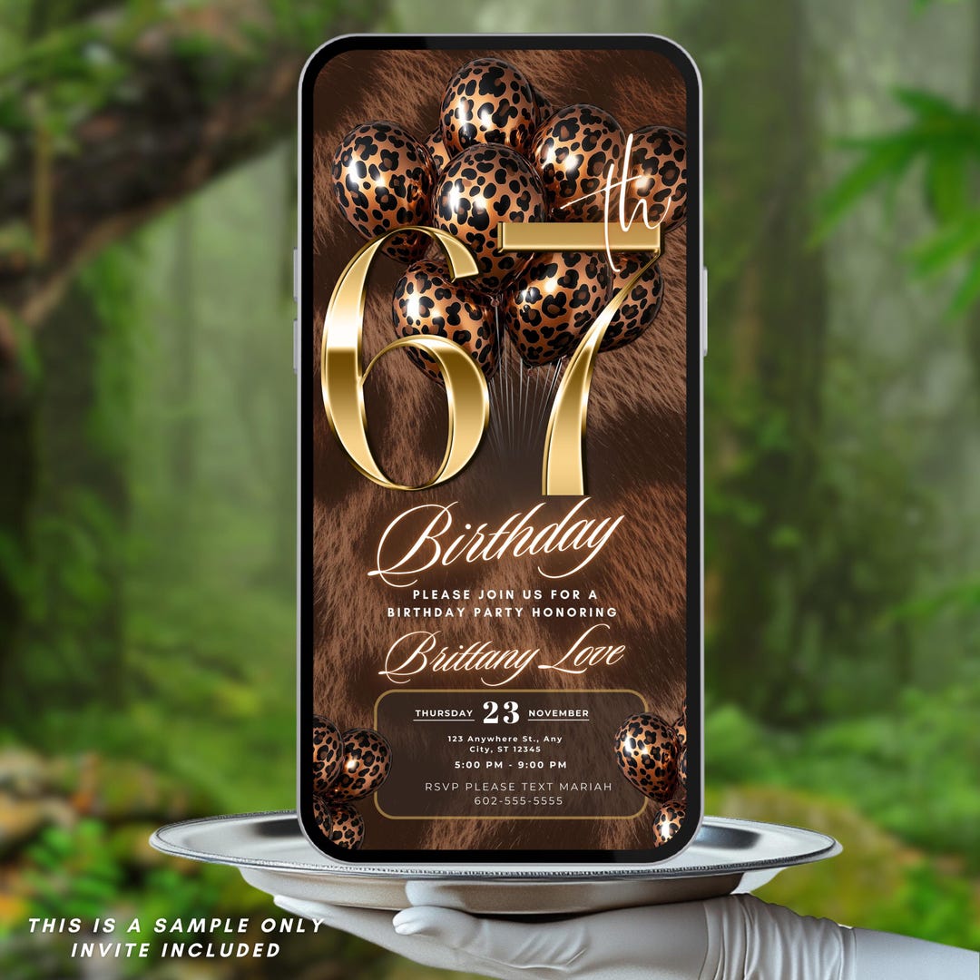 67th Birthday Party Invitation, Leopard Editable Digital Birthday Girl ...
