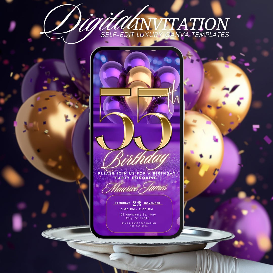 55th Birthday Purple Gold Invitation, 55th Invite Party Animated ...
