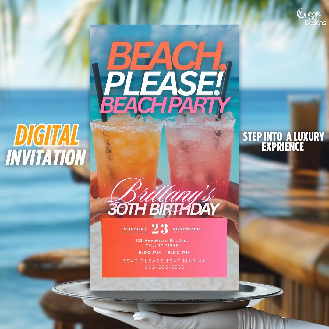 Editable Beach Party Video Invitation, Pool Adult Birthday, Summer ...