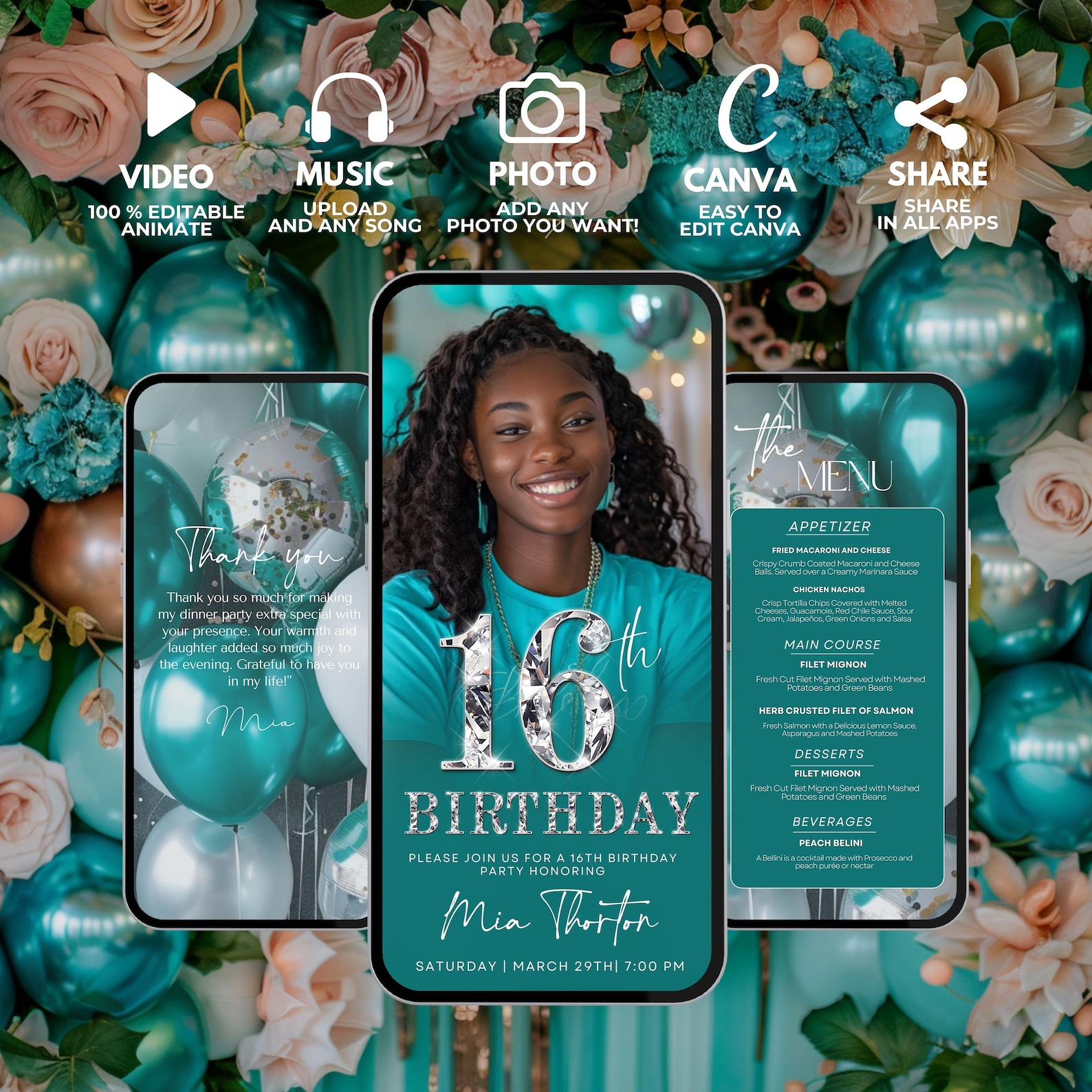 Sweet Sixteen, Sweet 16th Birthday Template, Sms Invitation, Teal Neon ...