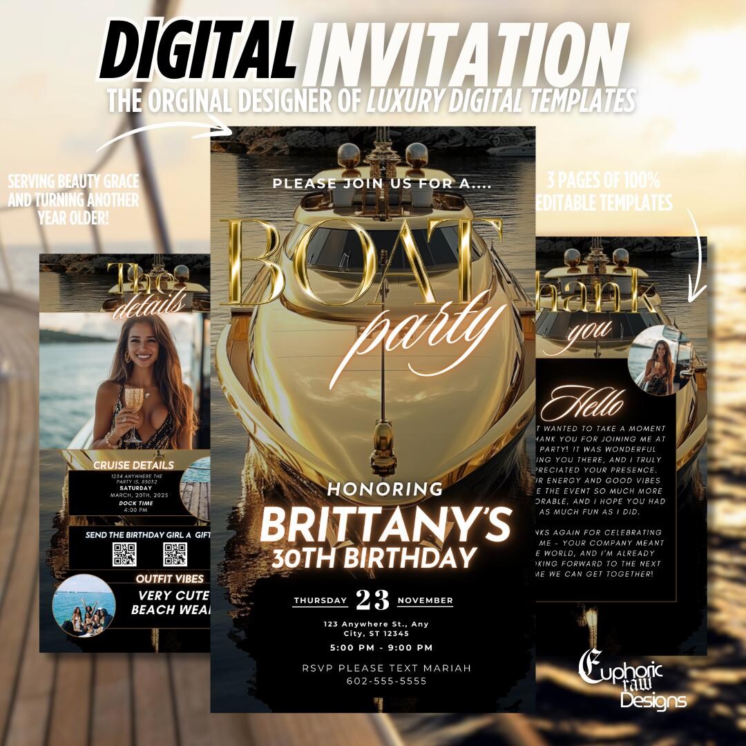 Boat Party Invitation, Animated Yacht Party Evite, Gold Digital Yacht ...