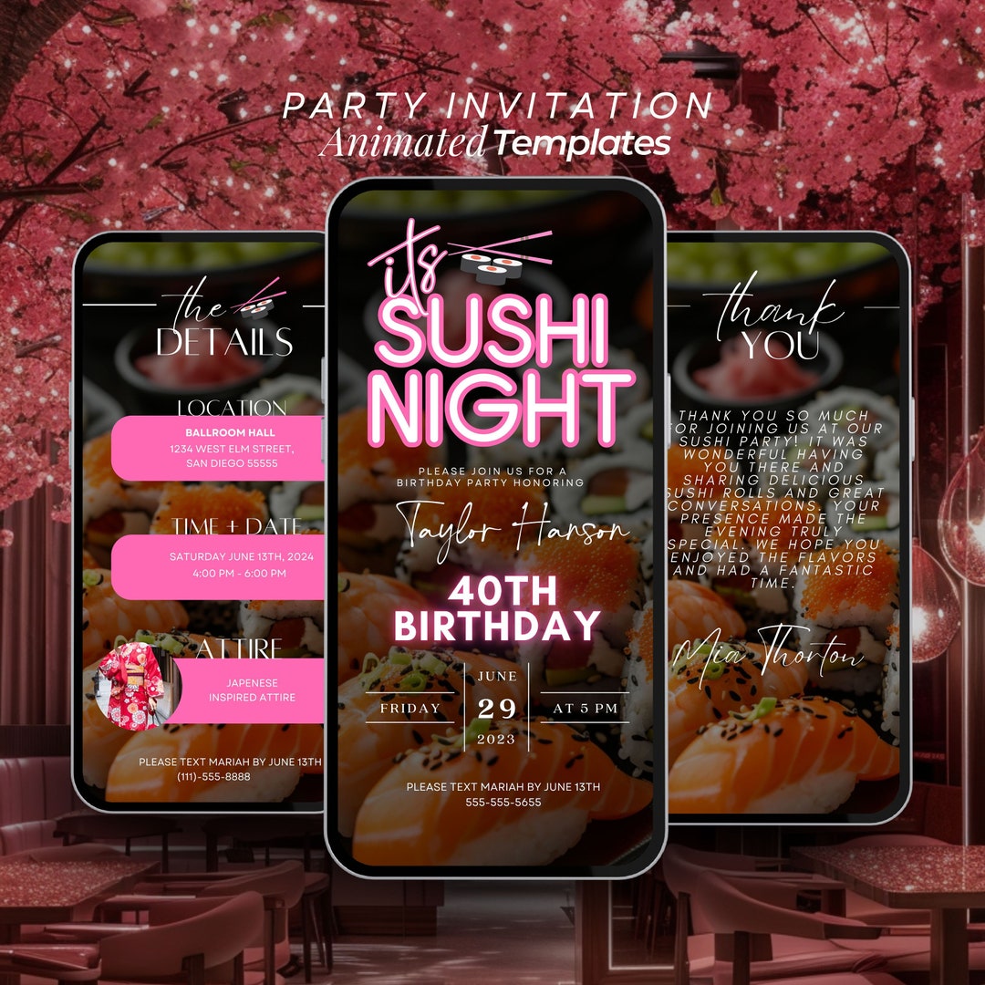 Sushi Birthday Party Invitation, Digital Dinner Night, Japanese Hibachi ...