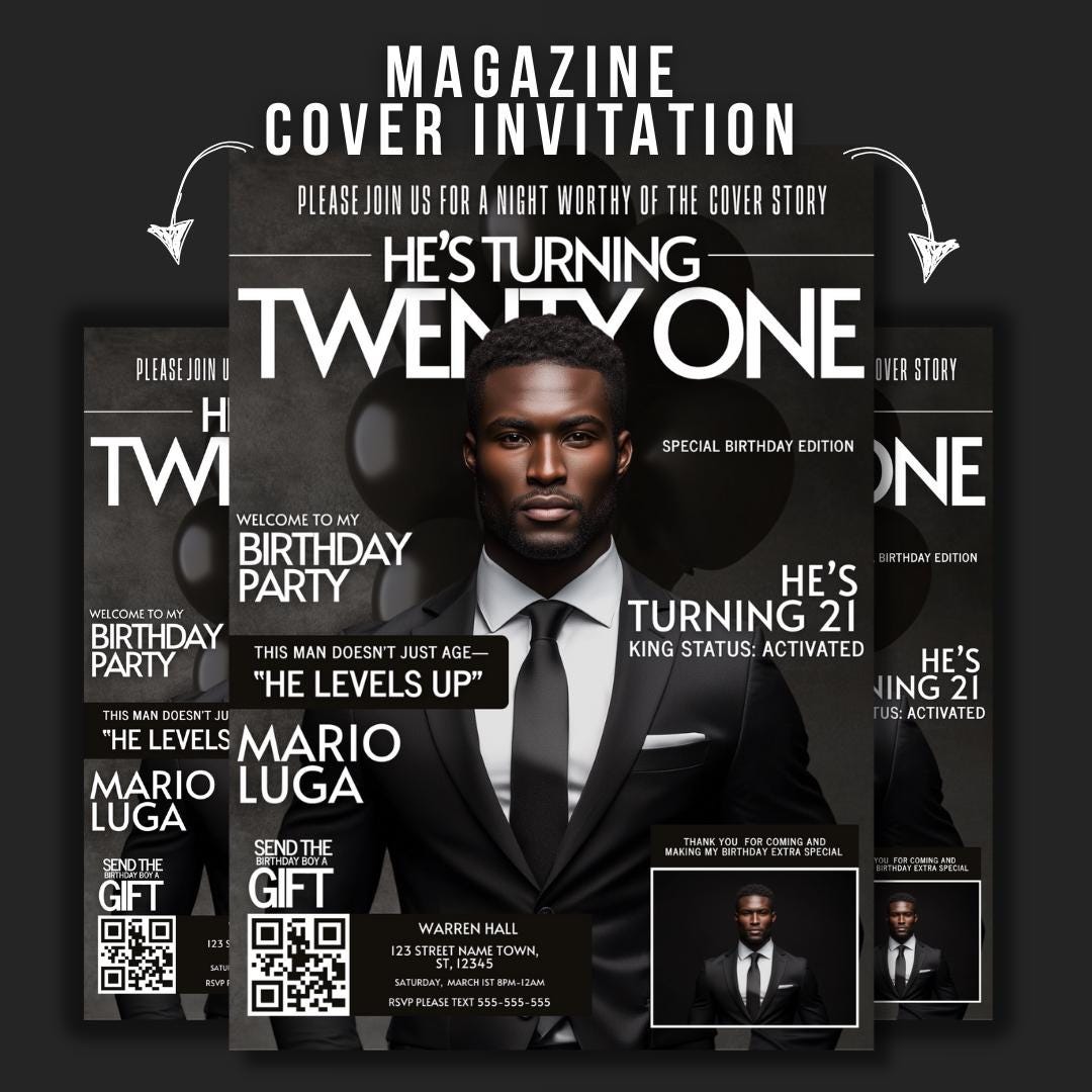 21st Birthday Magazine Invitation for Him, Modern Men Birthday Party ...
