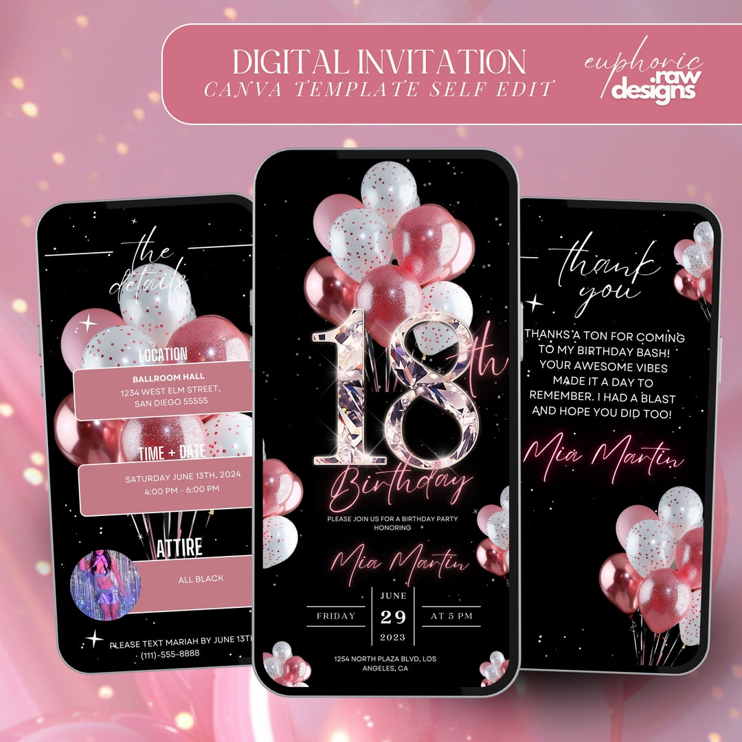 18th Birthday Party Invitation, Pink White Balloons Digital 18th Glam ...