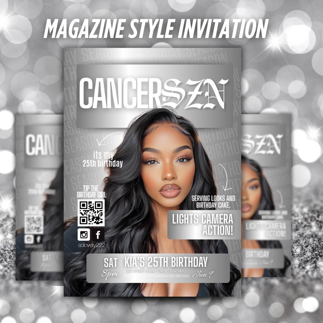 Cancer Season Birthday Invitation, Silver Magazine Style Editable ...