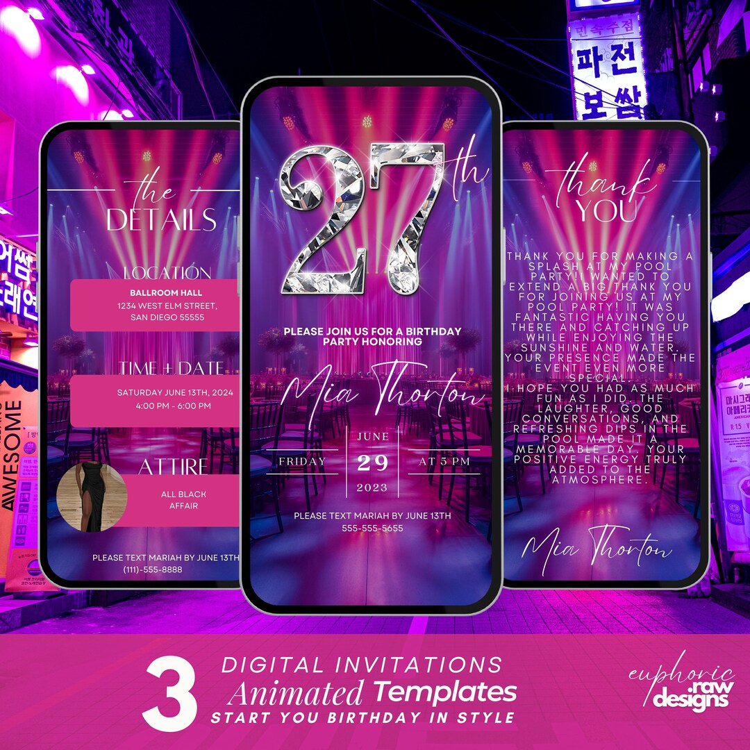 27th Birthday Dinner Invitation, Pink and Neon, Animated Video Invite ...
