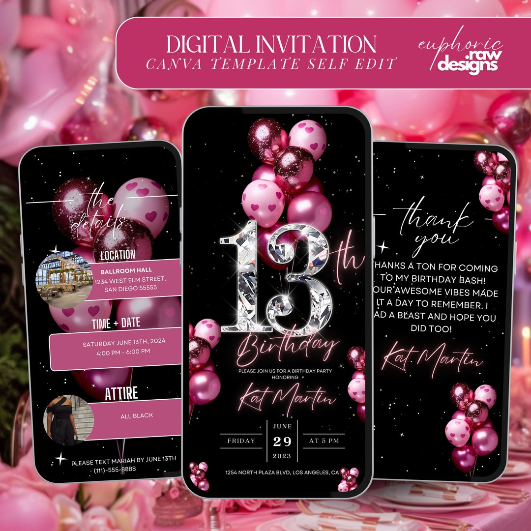 13th Birthday Party Invitation, Blush Pink Digital 13th Glam Dinner ...
