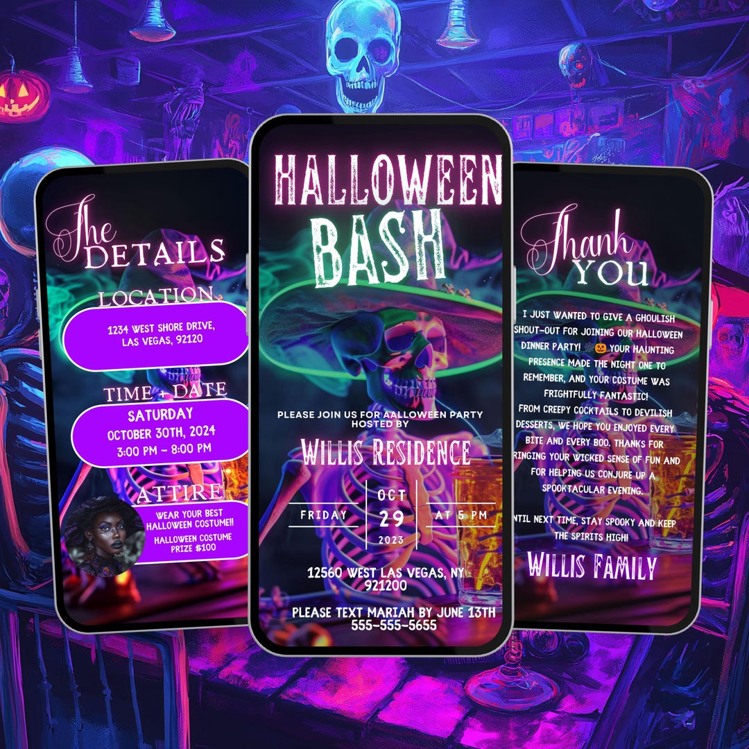 Neon Digital Halloween Party Invitation, Halloween Bash Birthday Party ...
