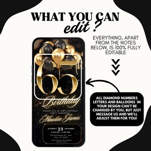 65th Birthday Black Gold Invitation, 65th Invite Party Animated Elegant ...