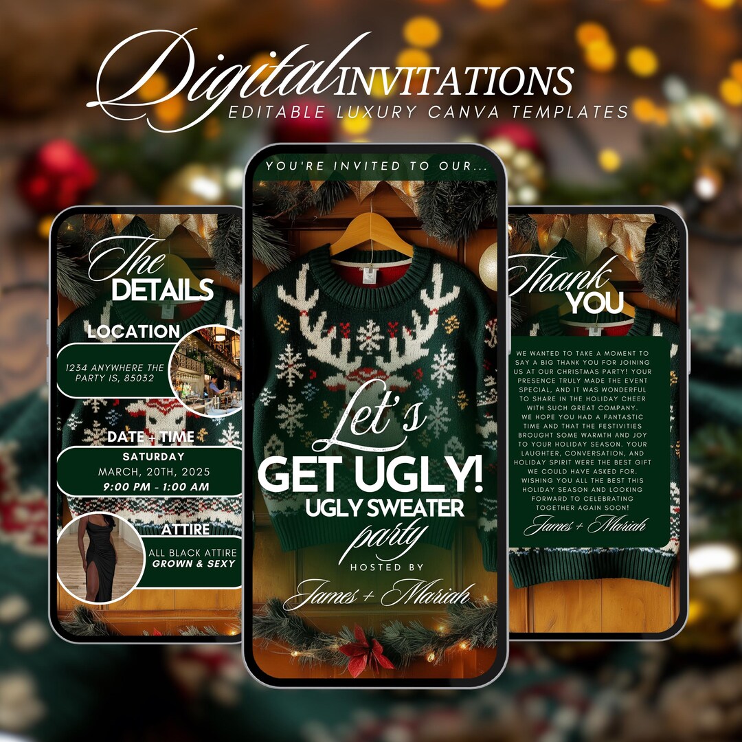 Editable Digital Ugly Sweater Christmas Invitation, Xmas Holiday Party ...