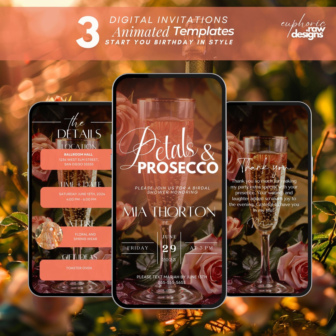 Digital Petals and Prosecco Bridal Shower Brunch Invitation, Champagne ...
