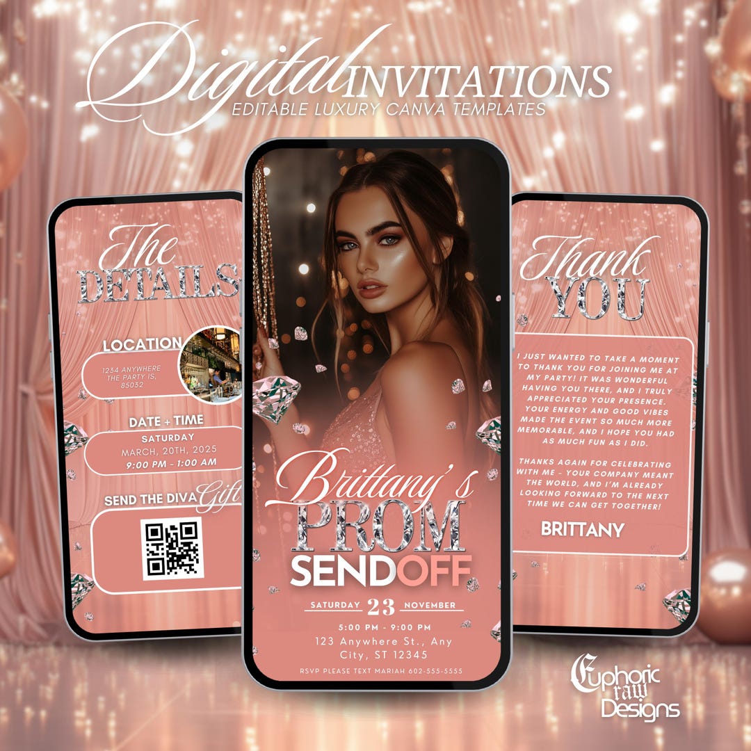Rose Gold Prom Send off Digital Invitation, Editable Prom Flyer ...