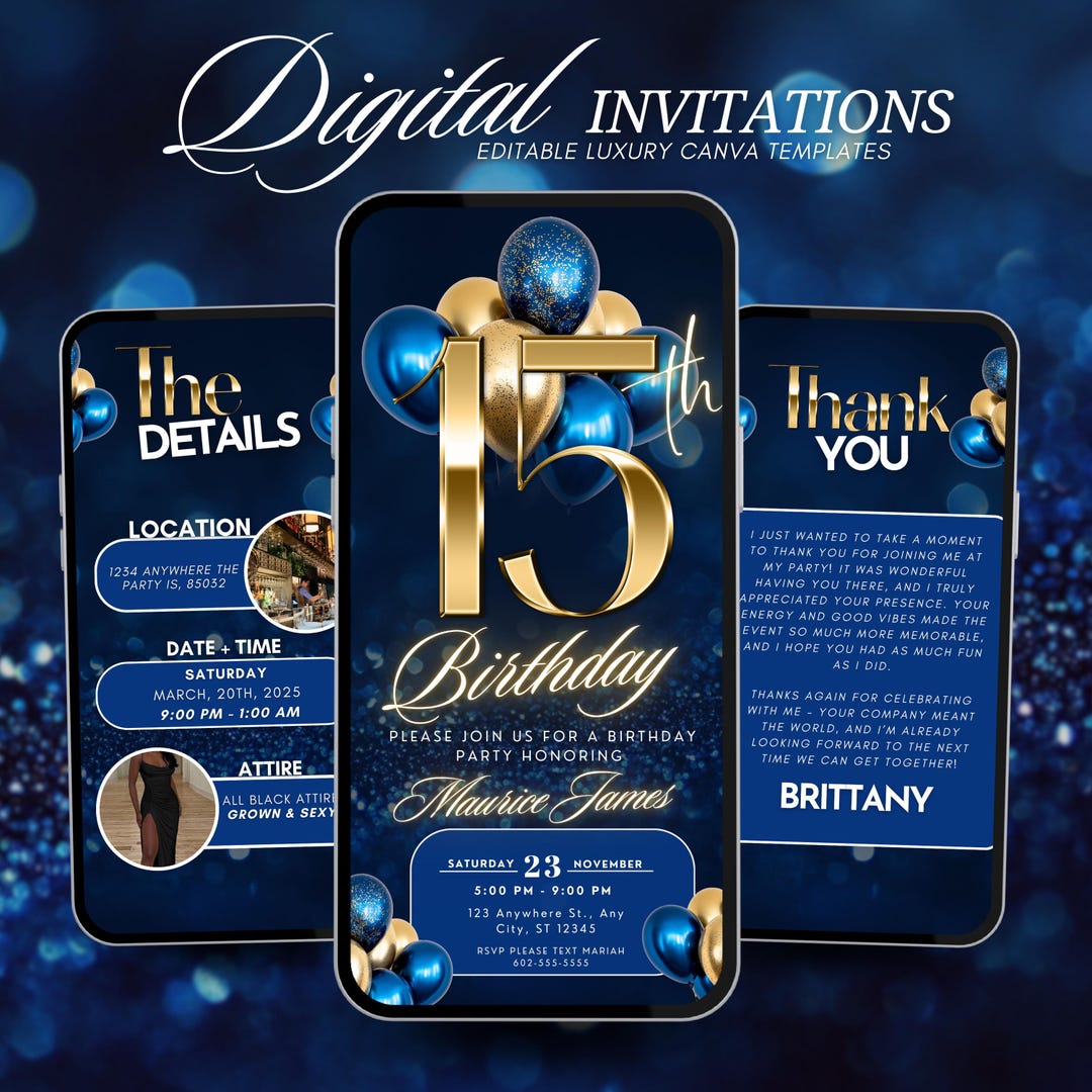 15th Birthday Blue Gold Invitation, 15th Party Animated Elegant ...
