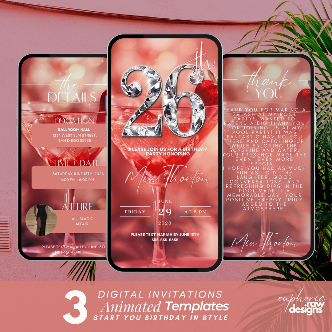 26th Birthday Party Invitation Editable Rose Gold , Animated Invite for ...