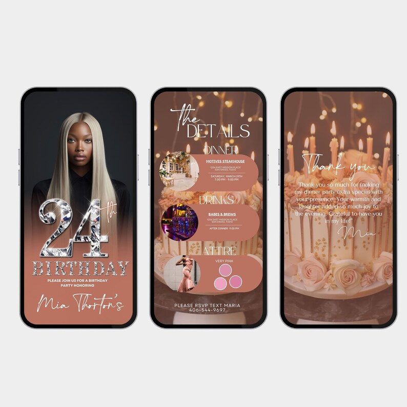 24th Birthday Party Invitation Editable Rose Gold , Animated Invite for ...