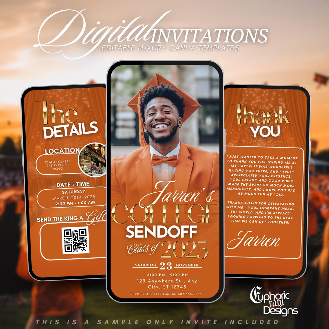 Graduation College Send off Invitation, Orange Trunk Party Invite, High ...