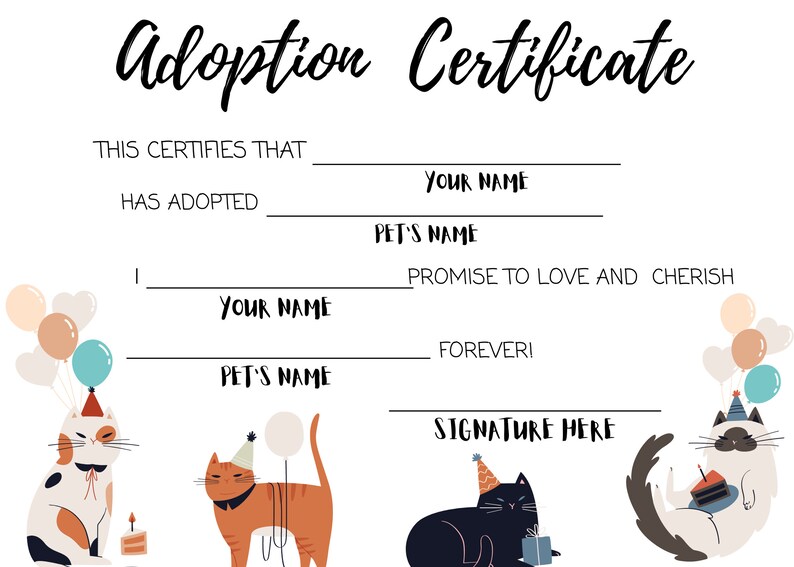 Editable Adoption Certificate Kitty Cat Party Printable - Etsy