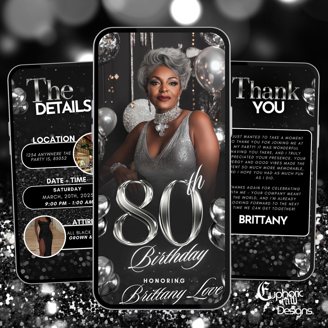 Digital 80th Birthday Invitation, Animated Black & Silver Dinner Invite ...