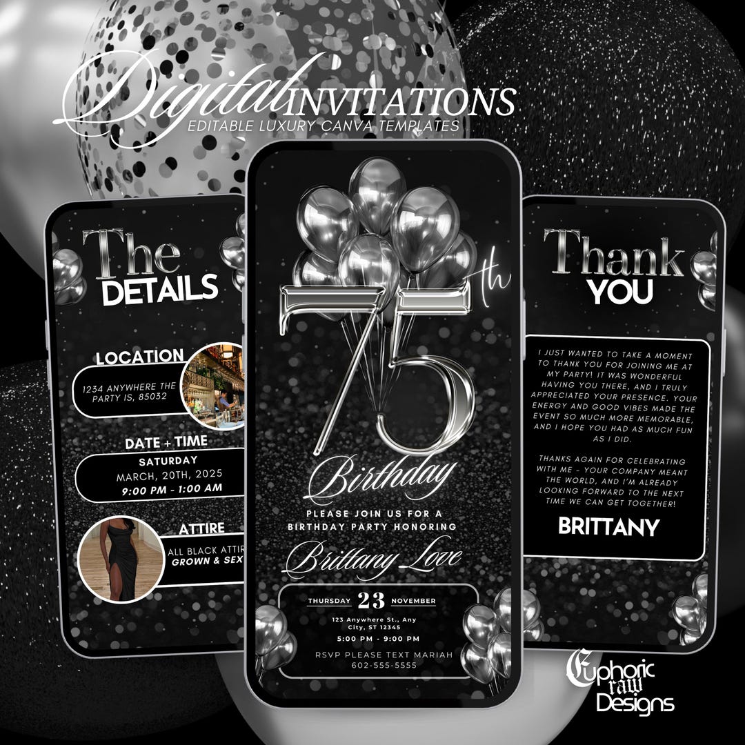 Digital 75th Birthday Party Invitation, Women Black Silver 75th Dinner ...