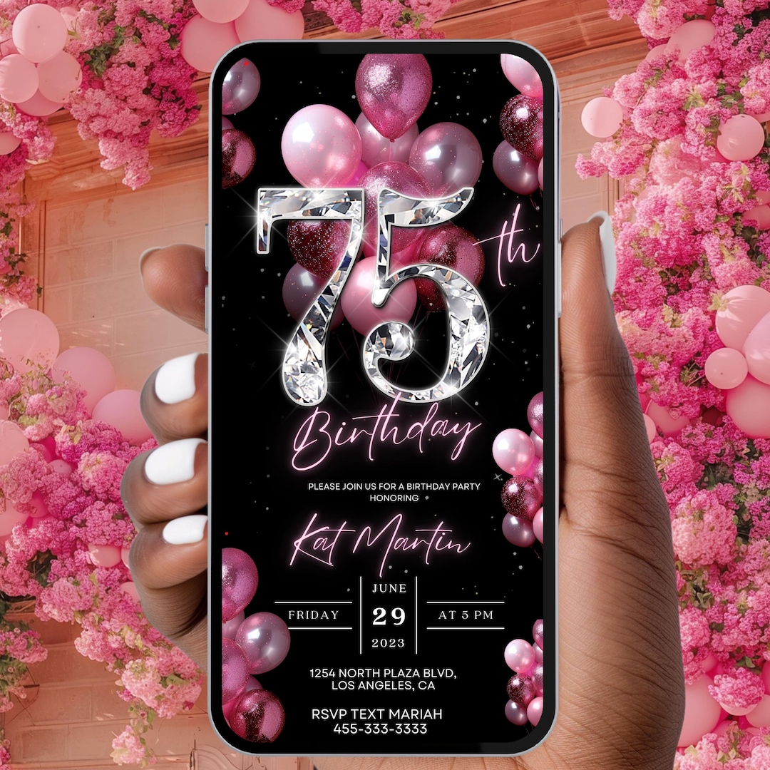75th Birthday Invitation, Pink Balloons Diamonds, Editable Digital 75th ...