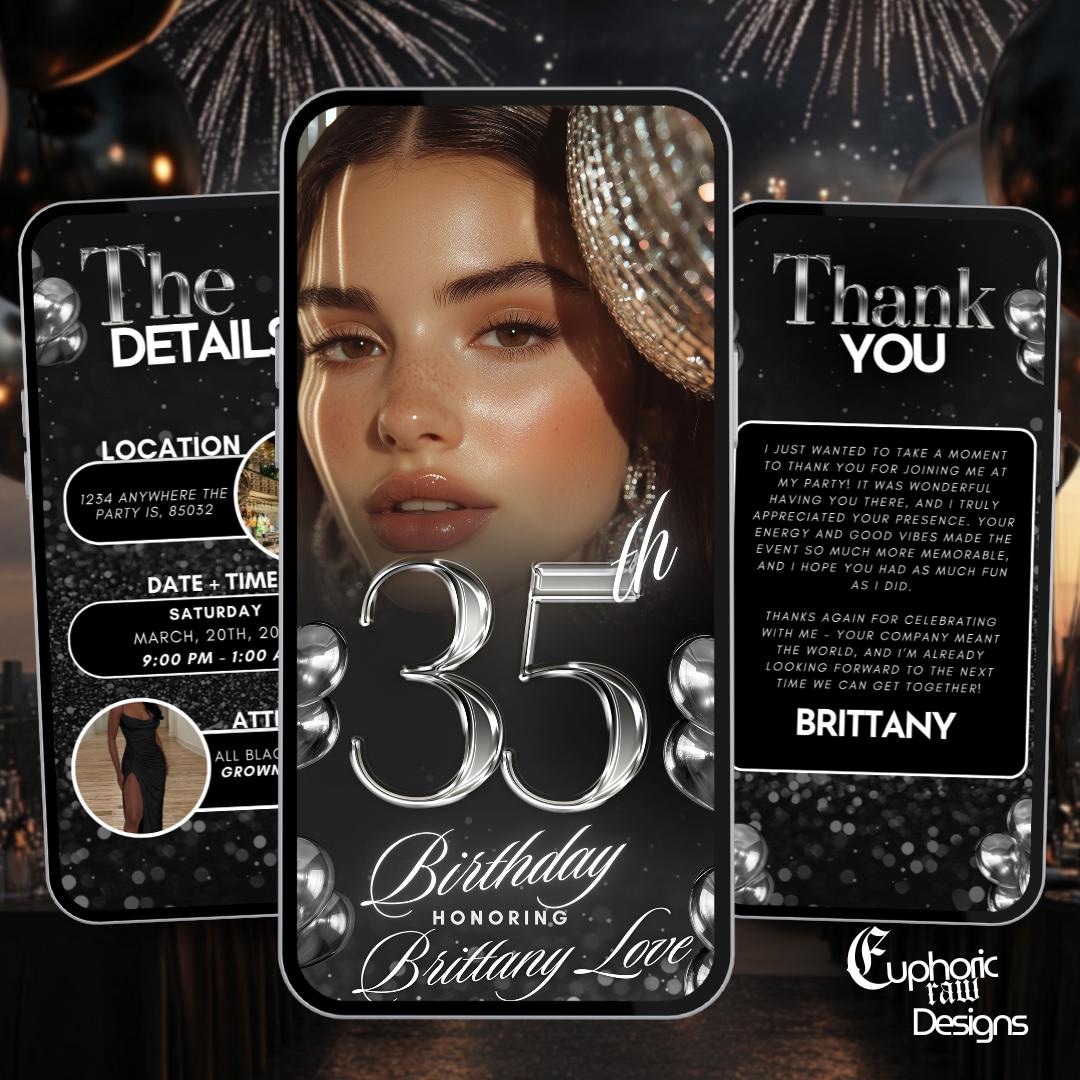 Digital 35th Birthday Party Invitation, Glam Black Silver 35th Dinner ...