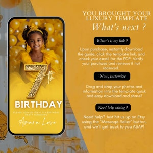 7th Birthday Party Invitation, Neon Gold and Glitter Template, Seventh ...