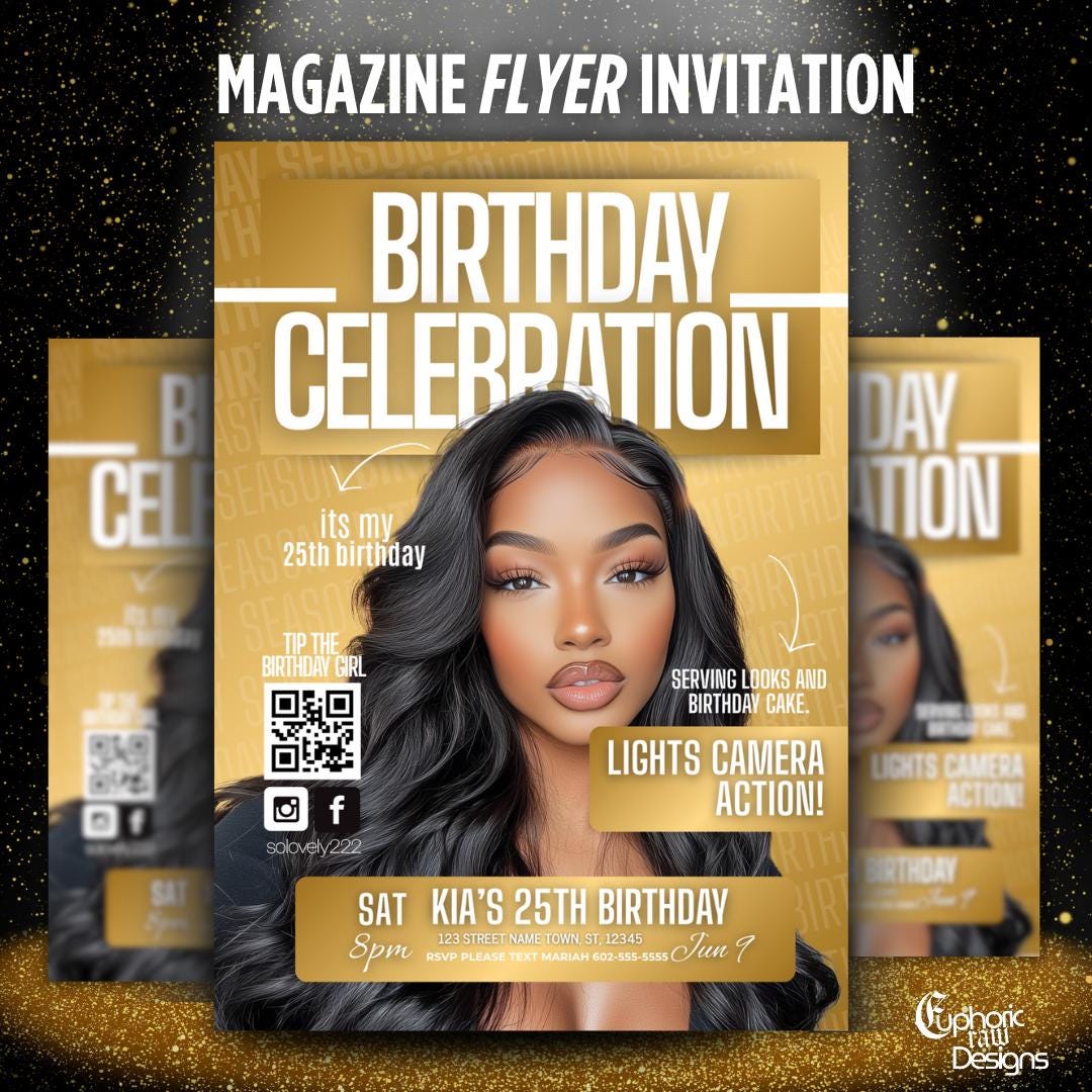 Gold Birthday Invitation Magazine Style, Elegant Birthday Party Invite ...