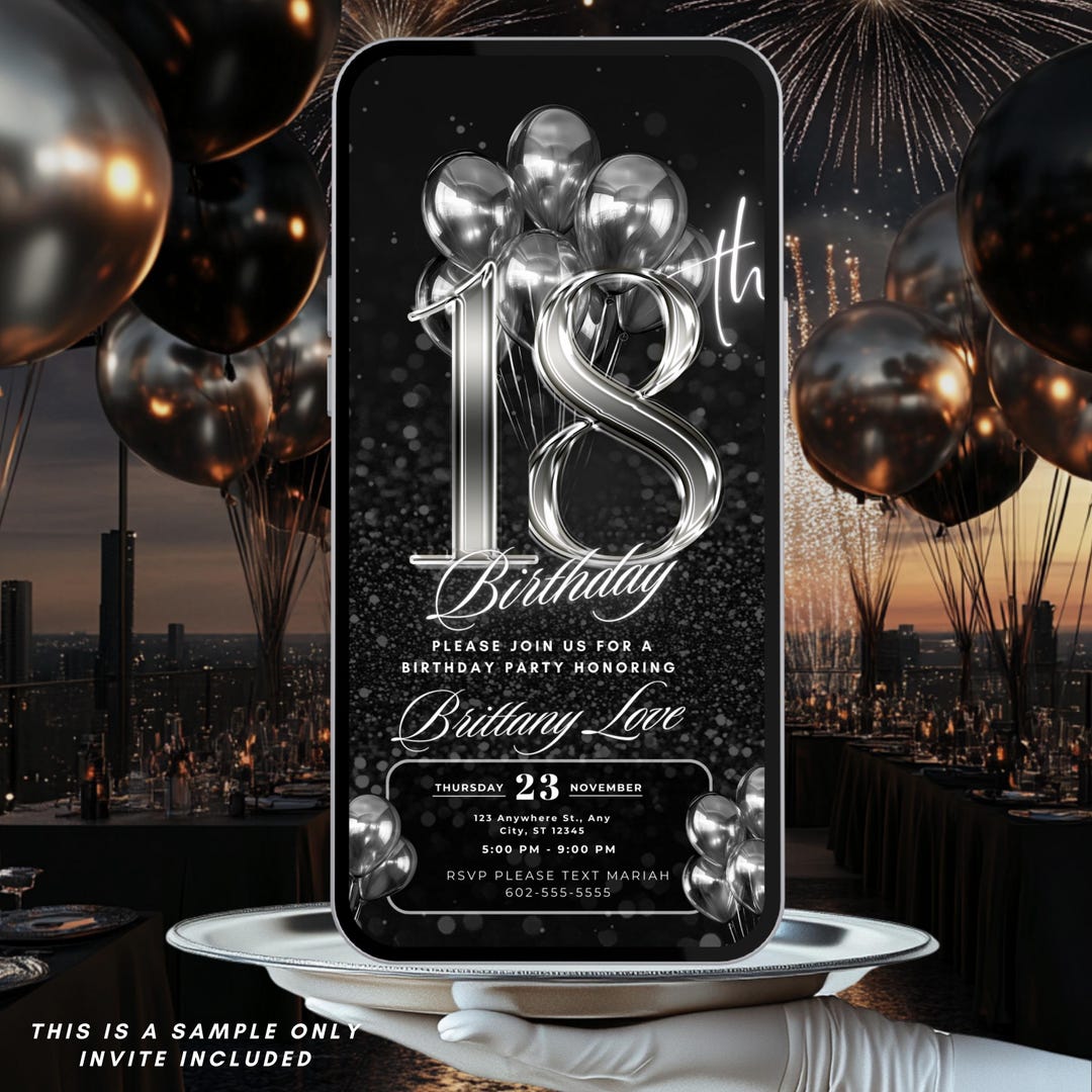 Digital 18th Birthday Party Invitation, Glam Black Silver 18th Dinner ...