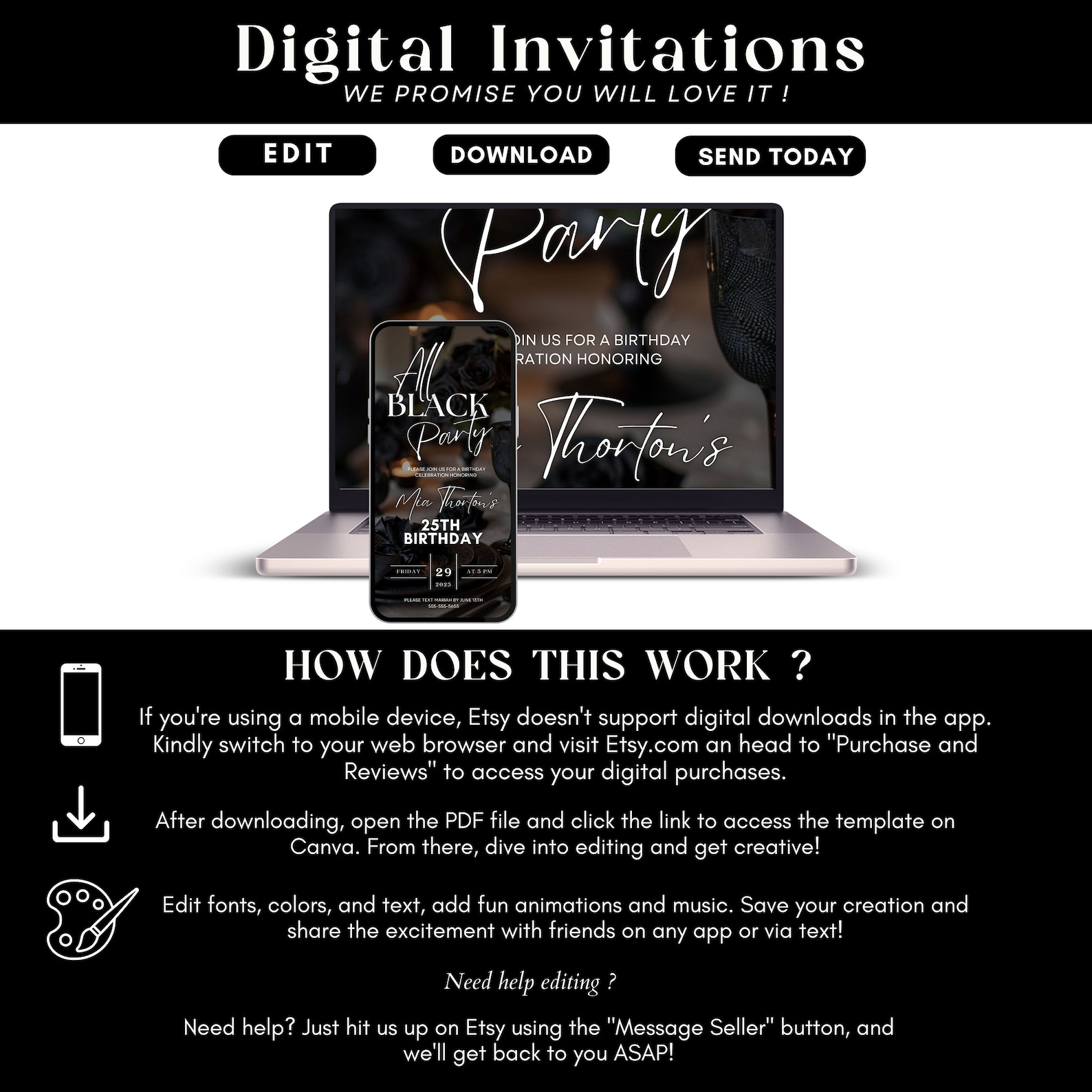 All Black Birthday Party Invitation, Birthday Dinner, Birthday Brunch ...