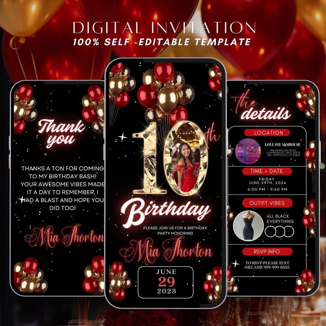 10th Birthday Party Invitation, Red Gold Balloons Digital 10th Glam ...