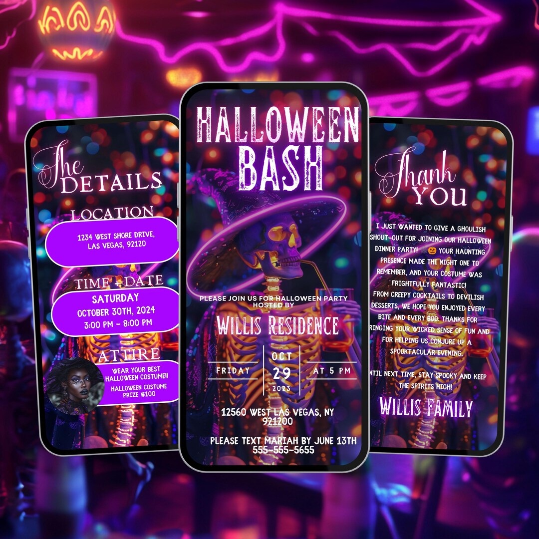 Neon Digital Halloween Party Invitation, Halloween Bash Birthday Party ...