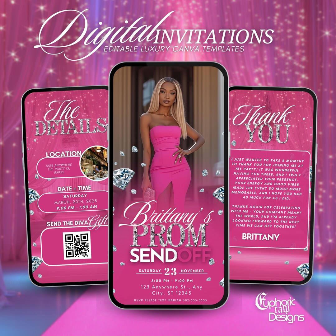 Pink Prom Send off Digital Invitation, Editable Prom Flyer Template ...