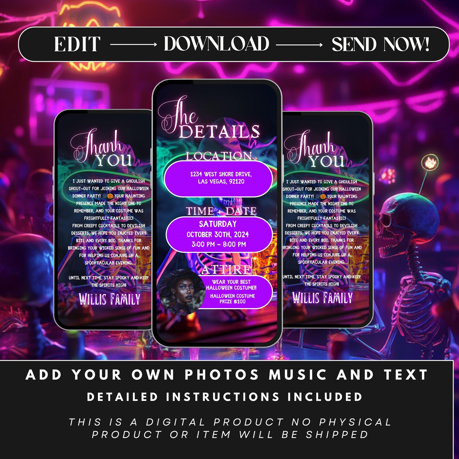 Neon Digital Halloween Party Invitation, Halloween Bash Birthday Party ...