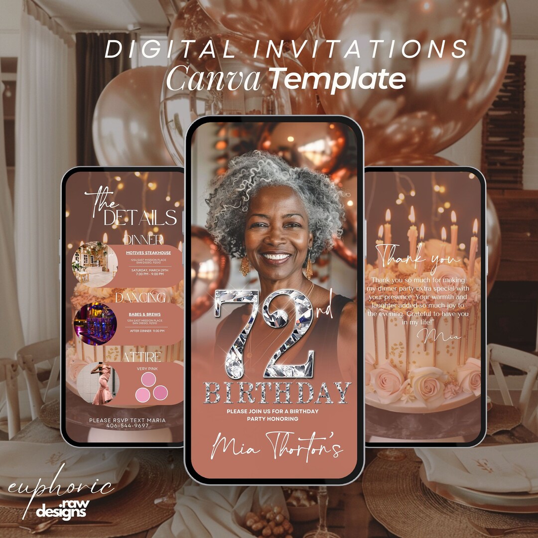 72nd Birthday Invitation Itinerary, Pink Rose Gold Invite, Diamond ...
