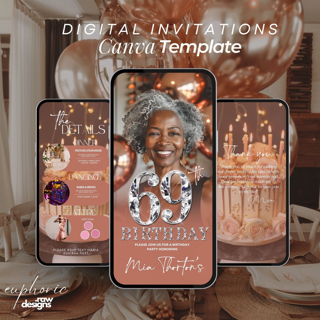 69th Birthday Invitation Itinerary, Pink Rose Gold Invite, Diamond ...