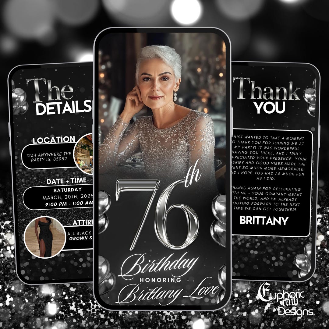 Digital 76th Birthday Invitation, Animated Black & Silver Dinner Invite ...