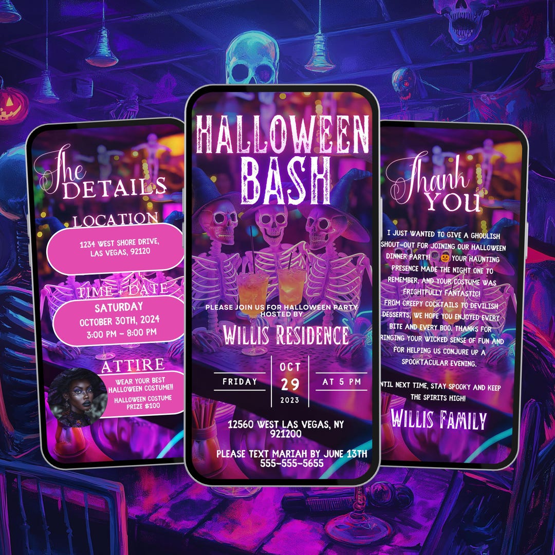 Neon Digital Halloween Party Invitation, Halloween Bash Birthday Party ...