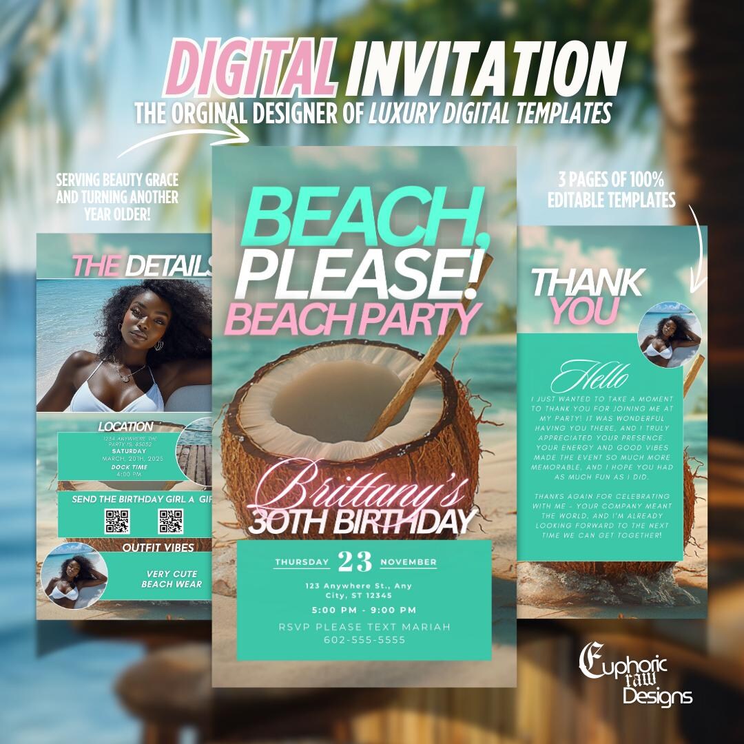 Editable Beach Party Video Invitation, Pool Adult Birthday, Summer ...