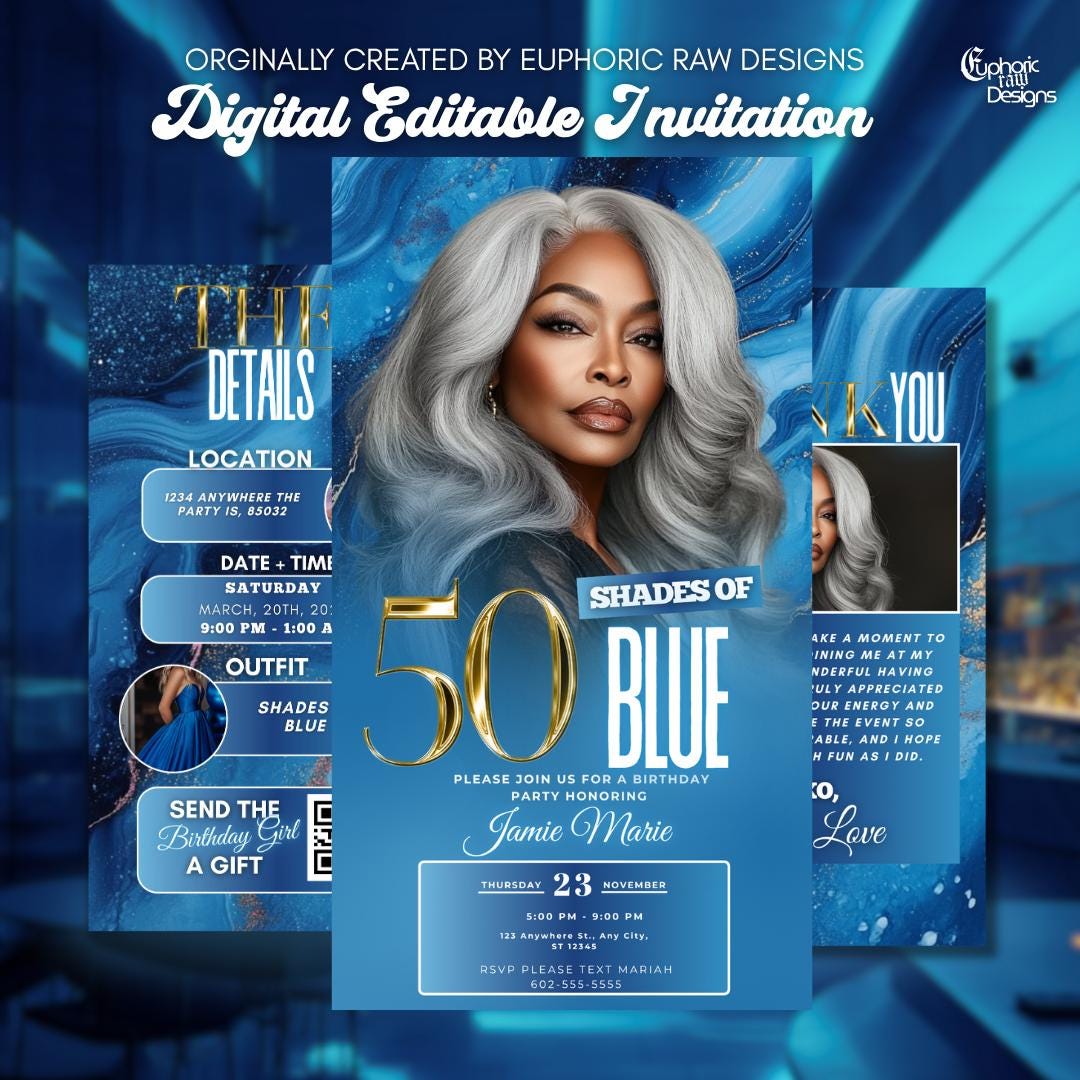 50 Shades of Blue Birthday Invitation, Gold Template for Her, Glam 50th ...