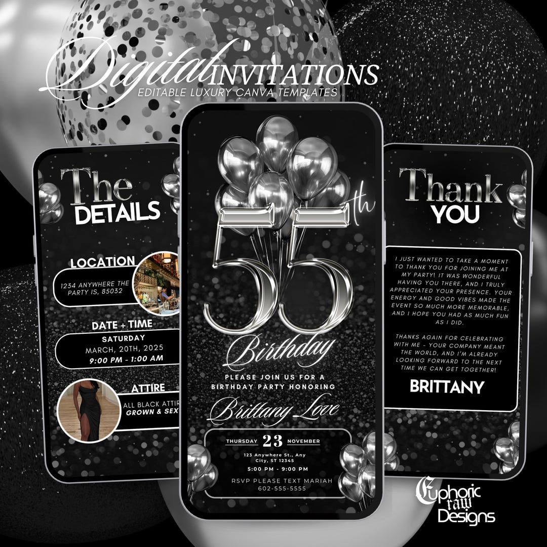 Digital 55th Birthday Party Invitation, Women Black Silver 55th Dinner ...
