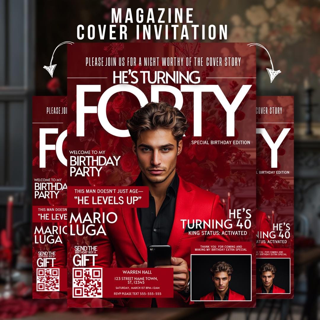 Red Magazine Cover 40th Birthday Invitation: Men's Party (digital ...