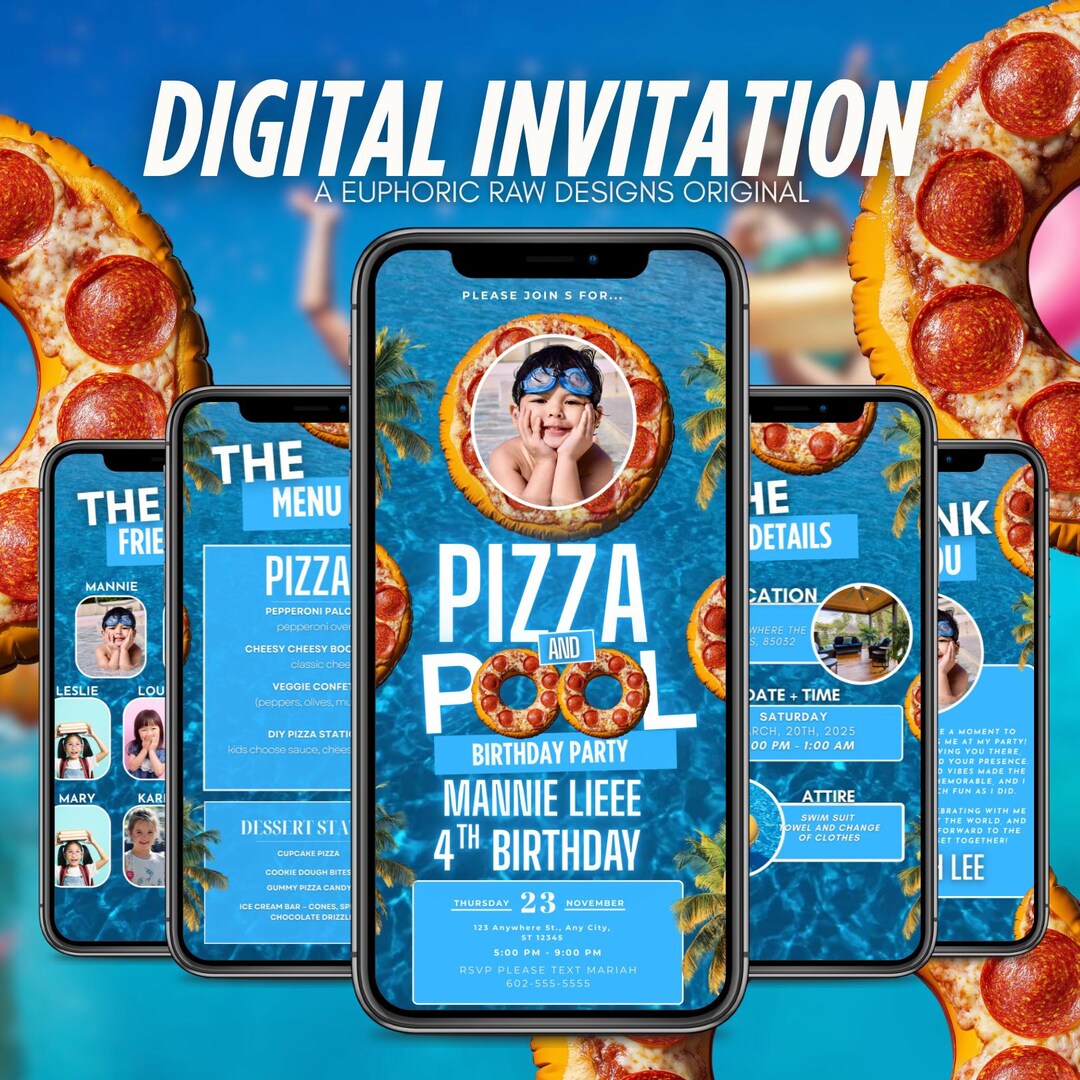 Digital Pizza Pool Party Invitation, Editable Itinerary for Boys ...