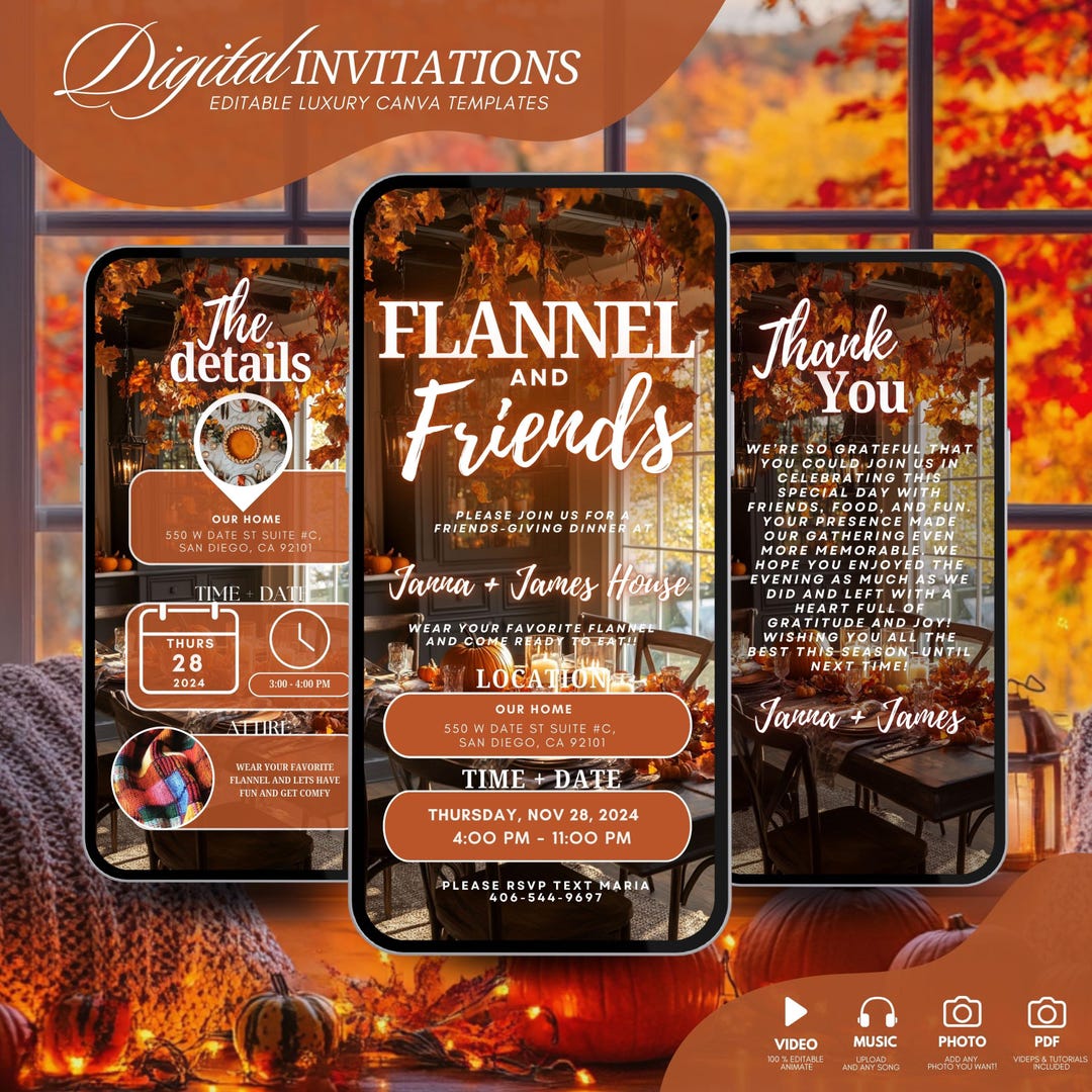 Digital Flannel Friends Thanksgiving Invitation, Cozy Friendsgiving ...