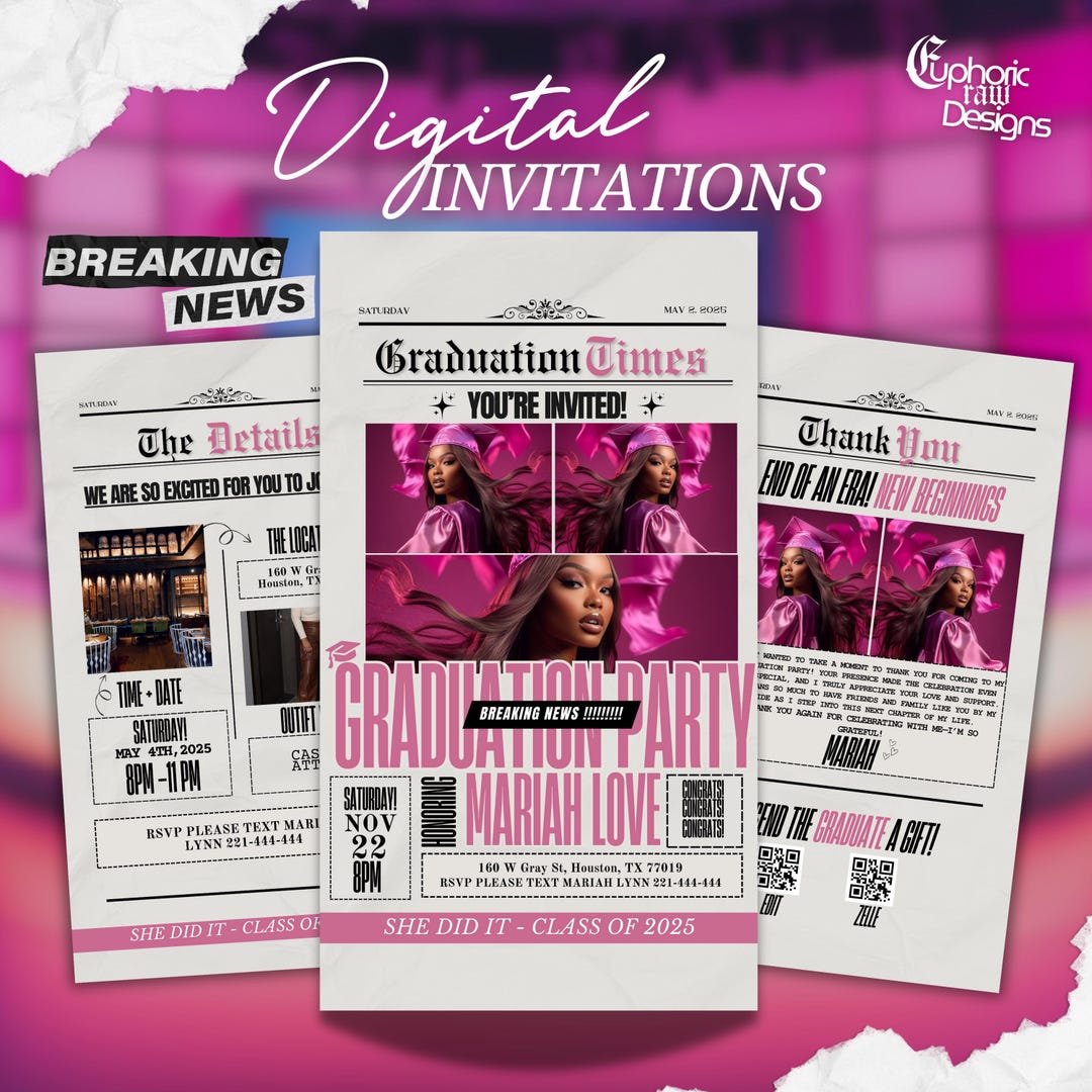 Pink Newspaper Graduation Party Invitation, Editable Digital Template ...