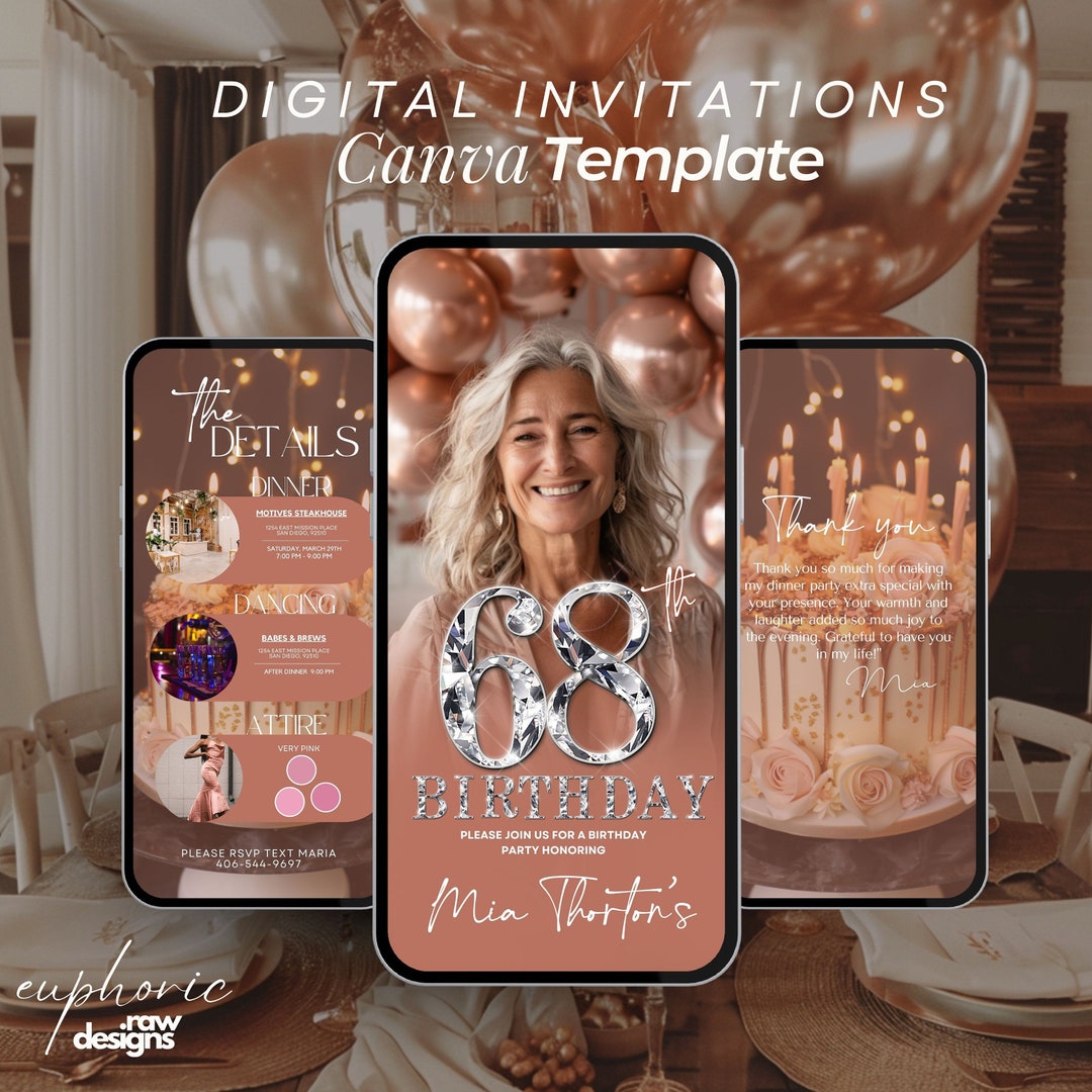 68th Birthday Invitation Itinerary, Pink Rose Gold Invite, Diamond ...