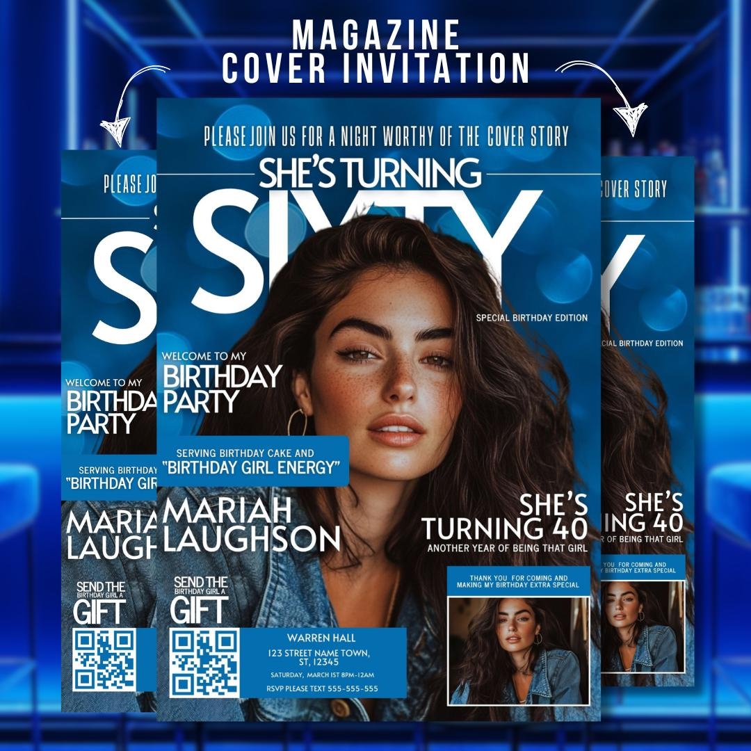 Blue 60th Birthday Magazine Invitation for Women, Glam Magazine Party ...