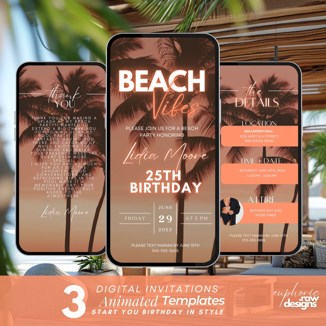 Beach Birthday Party Invitation, Digital Summer Vibes, Beach Bonfire ...
