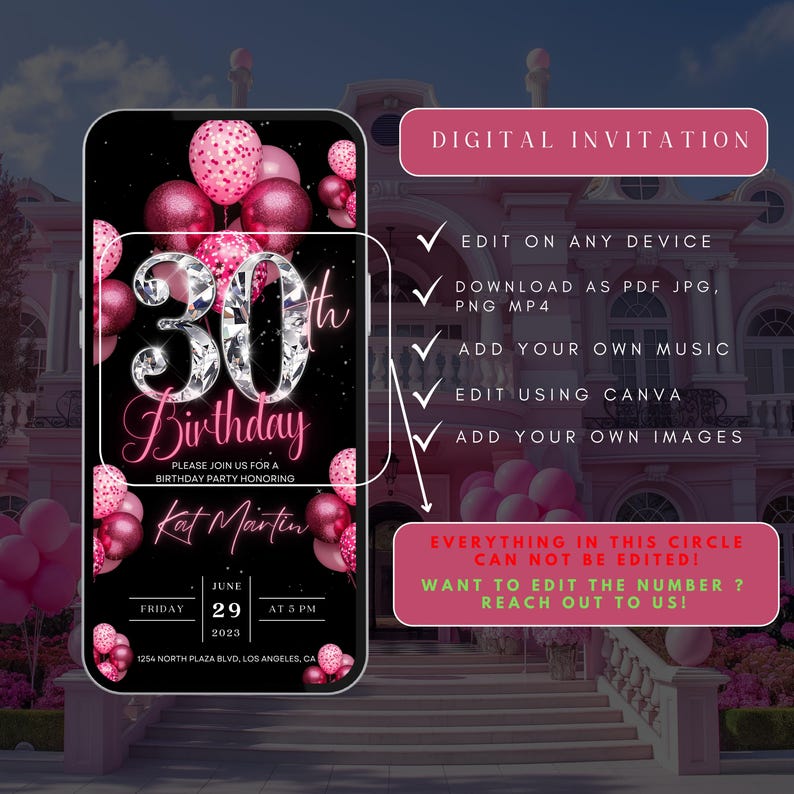 30th Birthday Invitation: Hot Pink Balloons, Glam Dinner, Editable ...